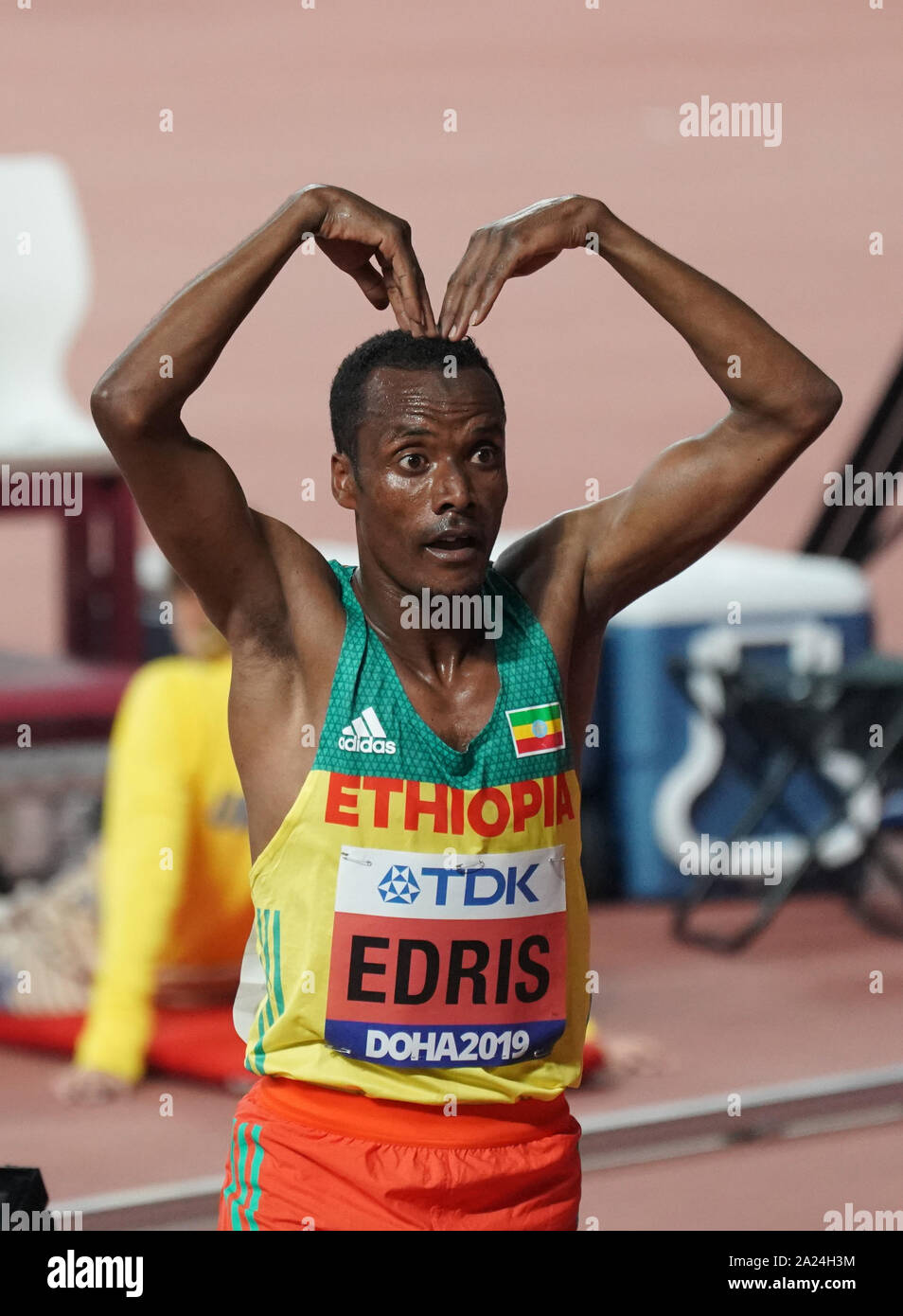 Doha, Qatar. 30th Sep, 2019. Muktar Edris of Ethiopia celebrates after ...