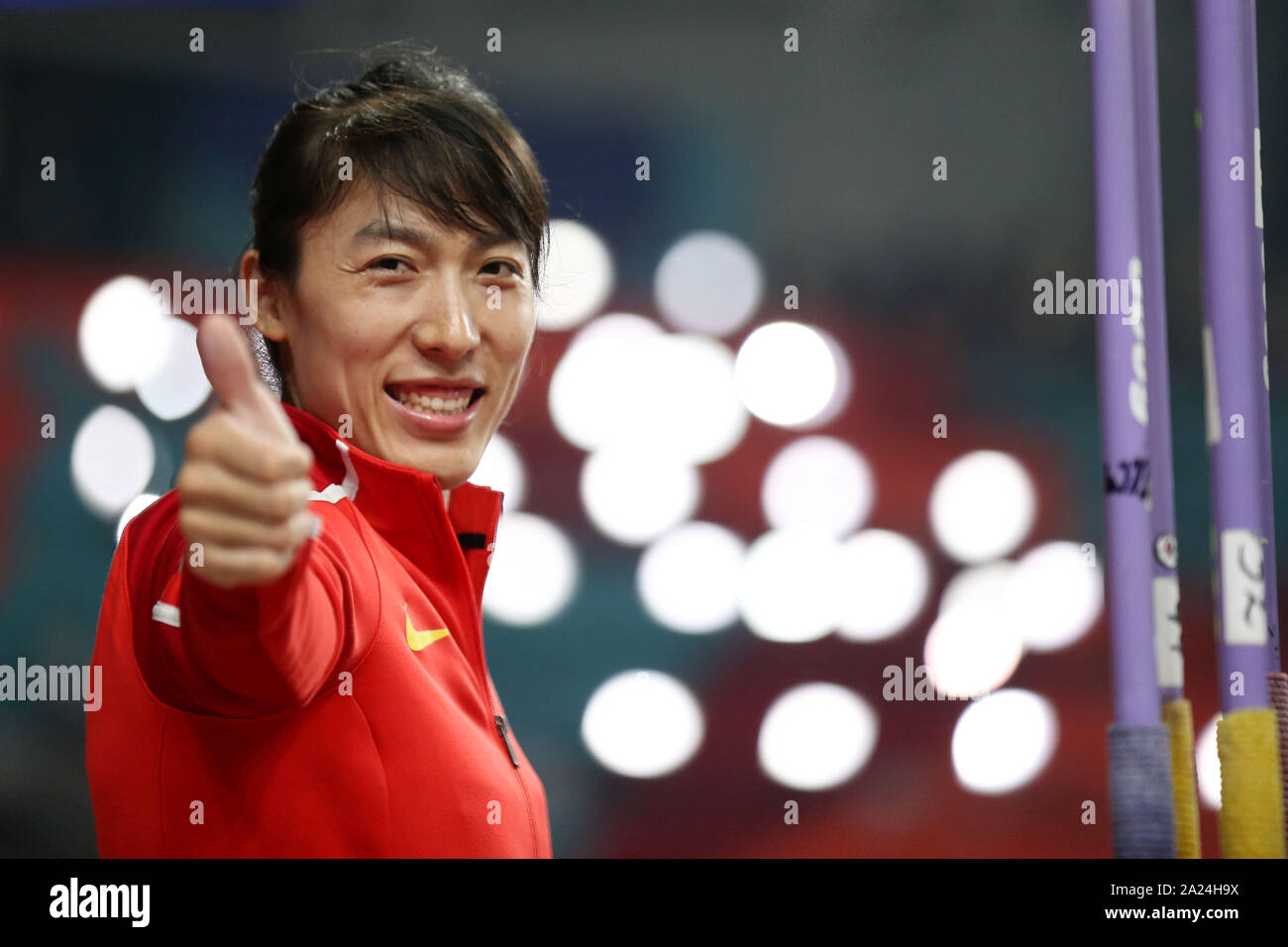 Doha, Qatar. 30th Sep, 2019. Lyu Huihui of China reacts before the ...