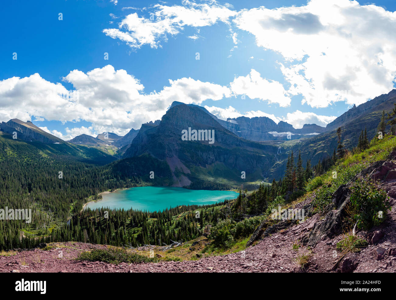 Aerial view of the landscape of Grinnell Lake at Glacier National Park ...