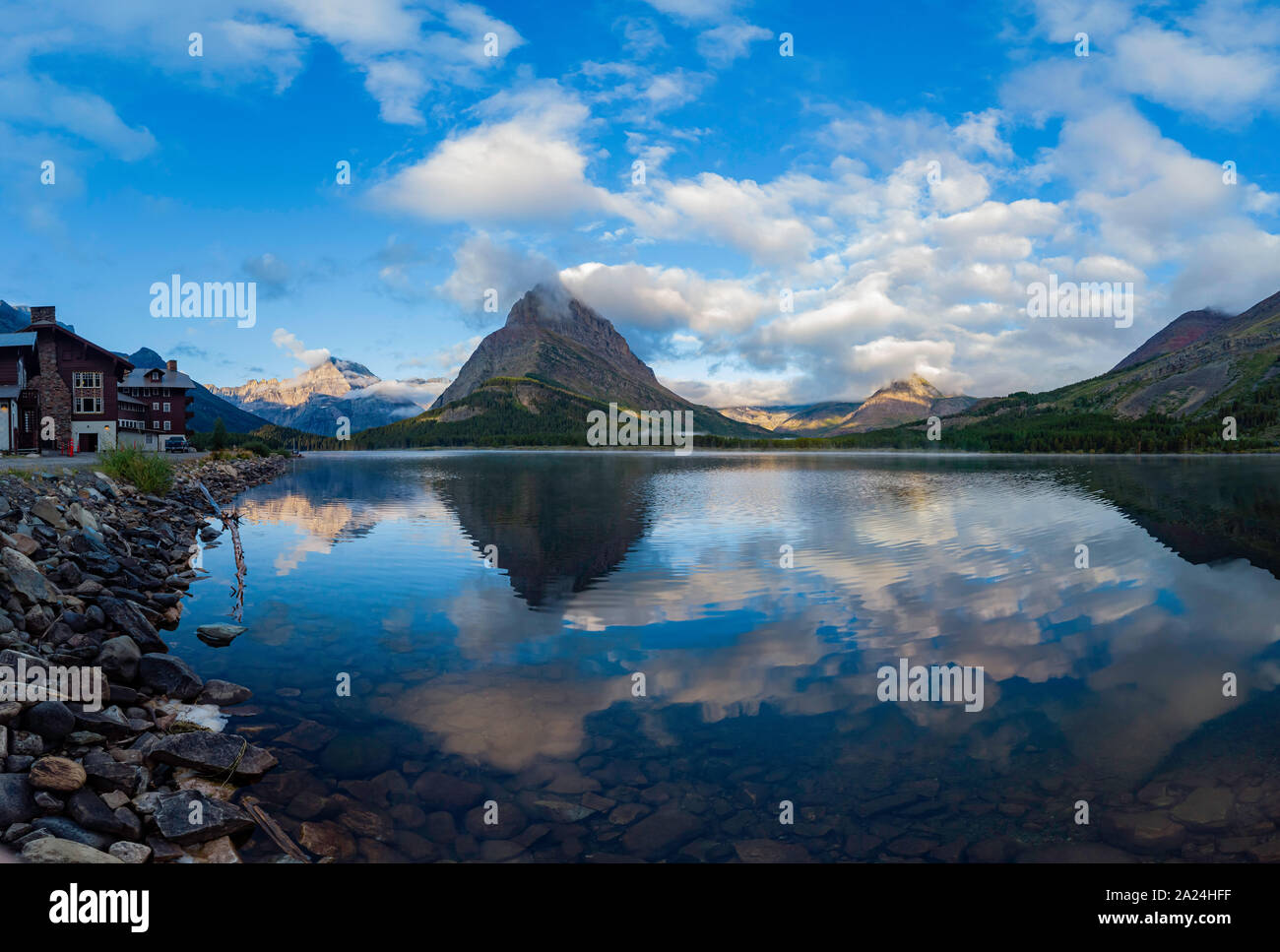 Sunrise of the Mount Wilbur, Swiftcurrent Lake in the Many Glacier area ...