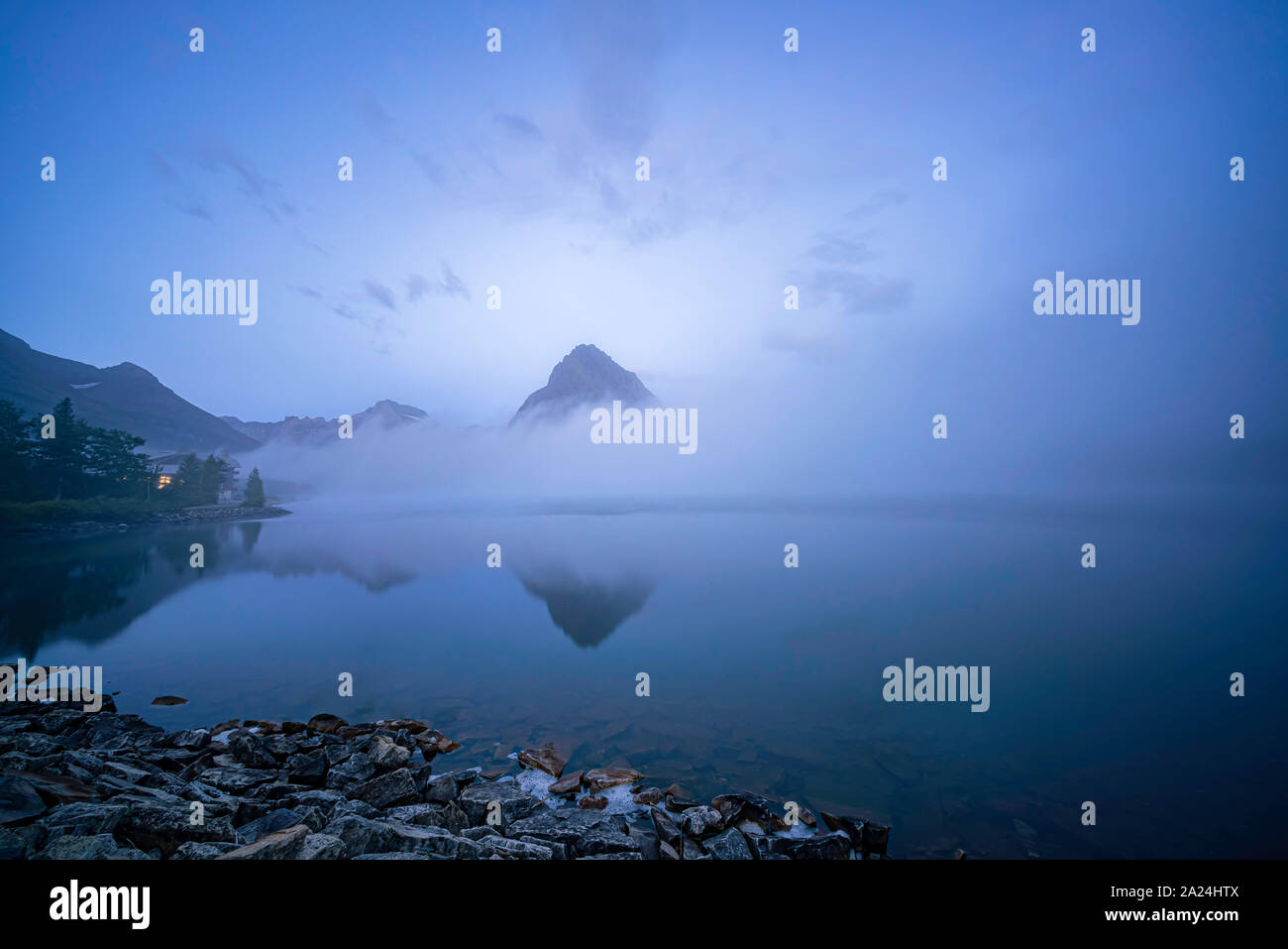 Sunrise of the Mount Wilbur, Swiftcurrent Lake in the Many Glacier area ...