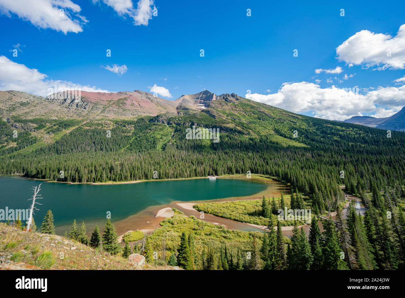 Aerial view of Lake Josephine in the Many Glacier area of the famous ...