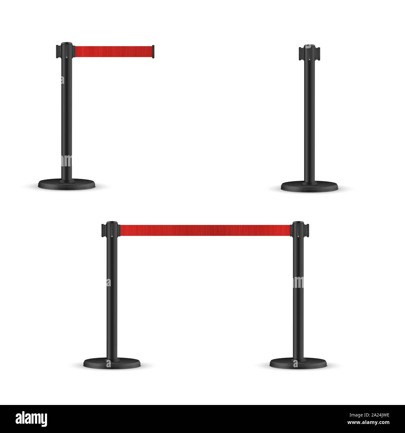 Retractable belt stanchion set. Portable ribbon barrier. Red striped ...