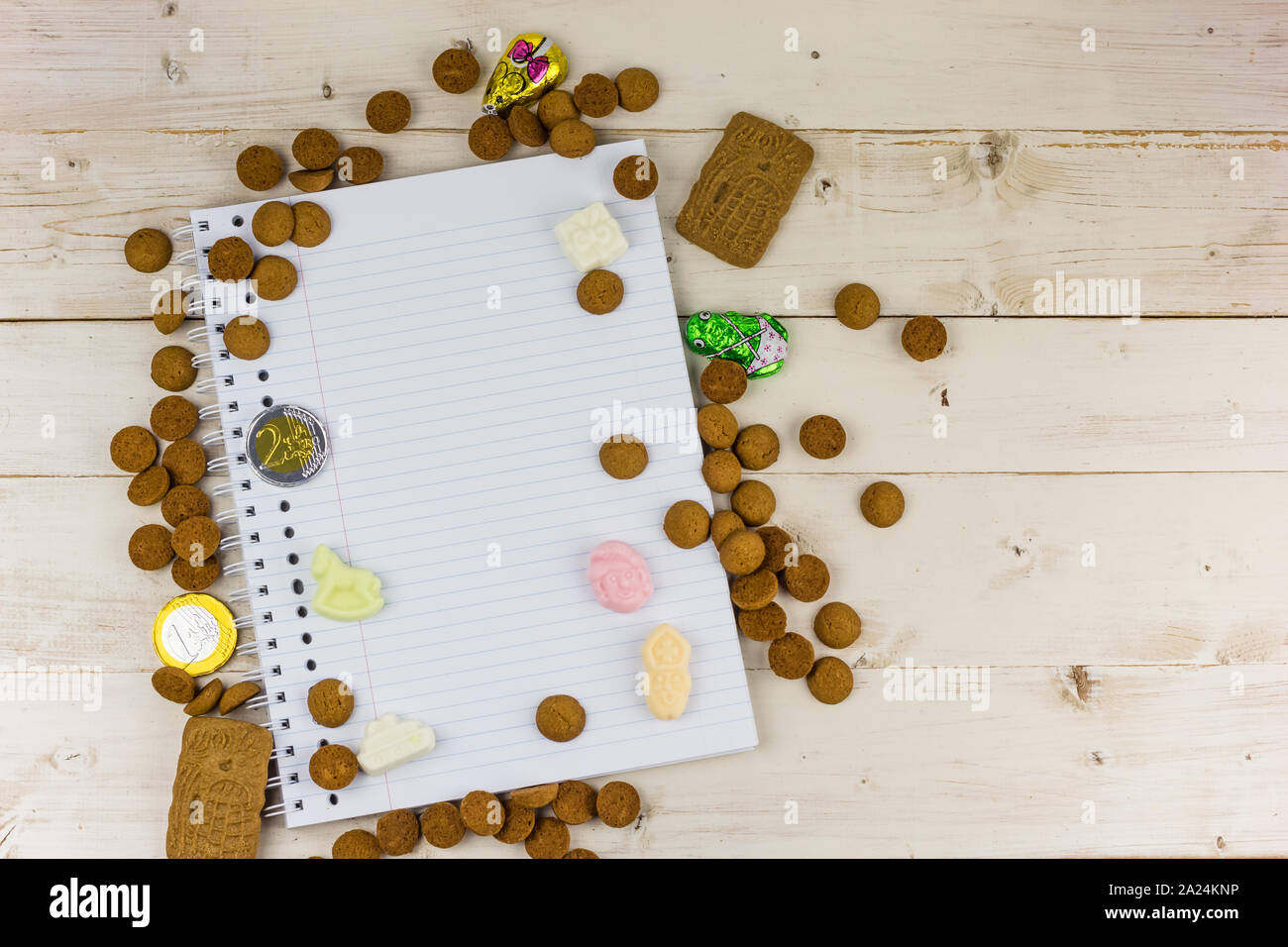 Notepad and traditional dutch candy for celebration of Sinterklaas ...
