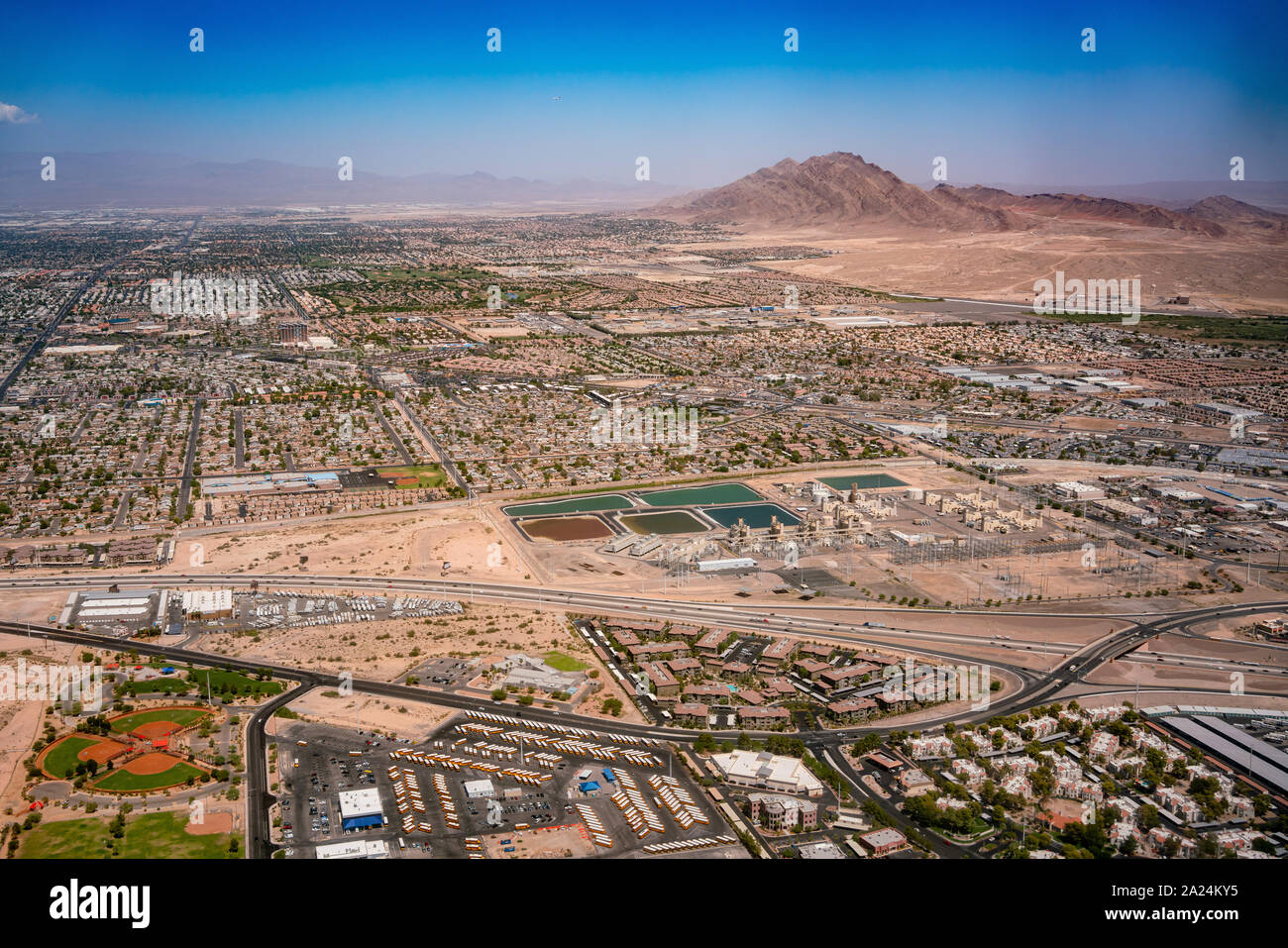 Aerial view of the Las Vegas cityscape from an airplane at Nevada Stock ...