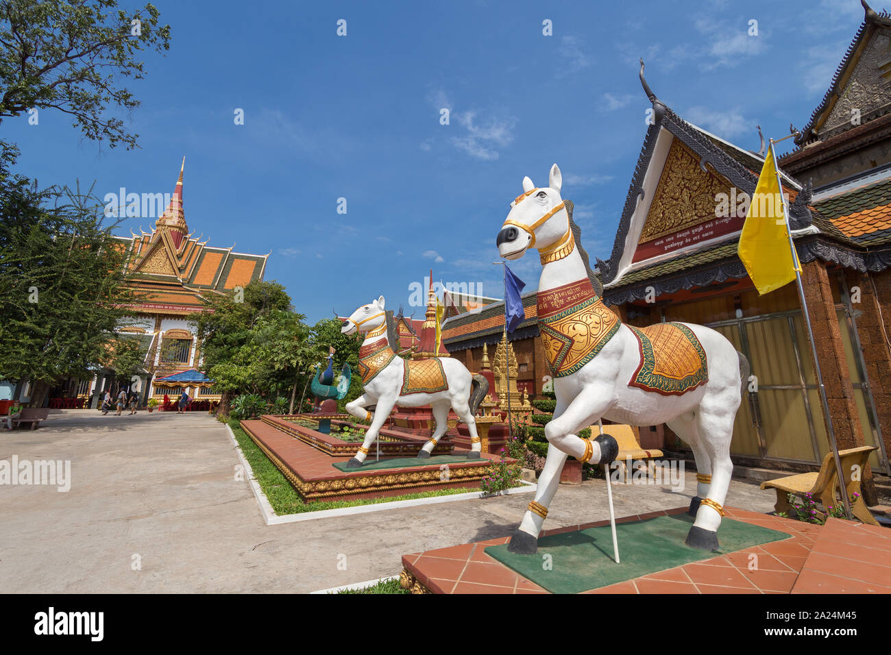 Siem Reap, Cambodia - February 2, 2017: Statues of horses in buddhist ...