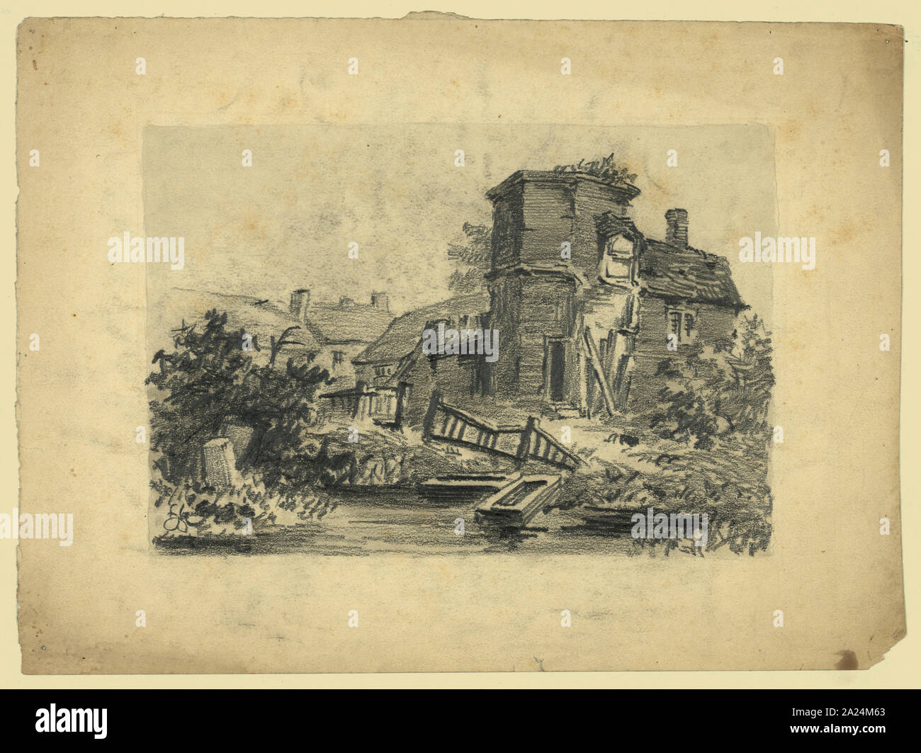 Pencil drawing : shack near stream Stock Photo - Alamy