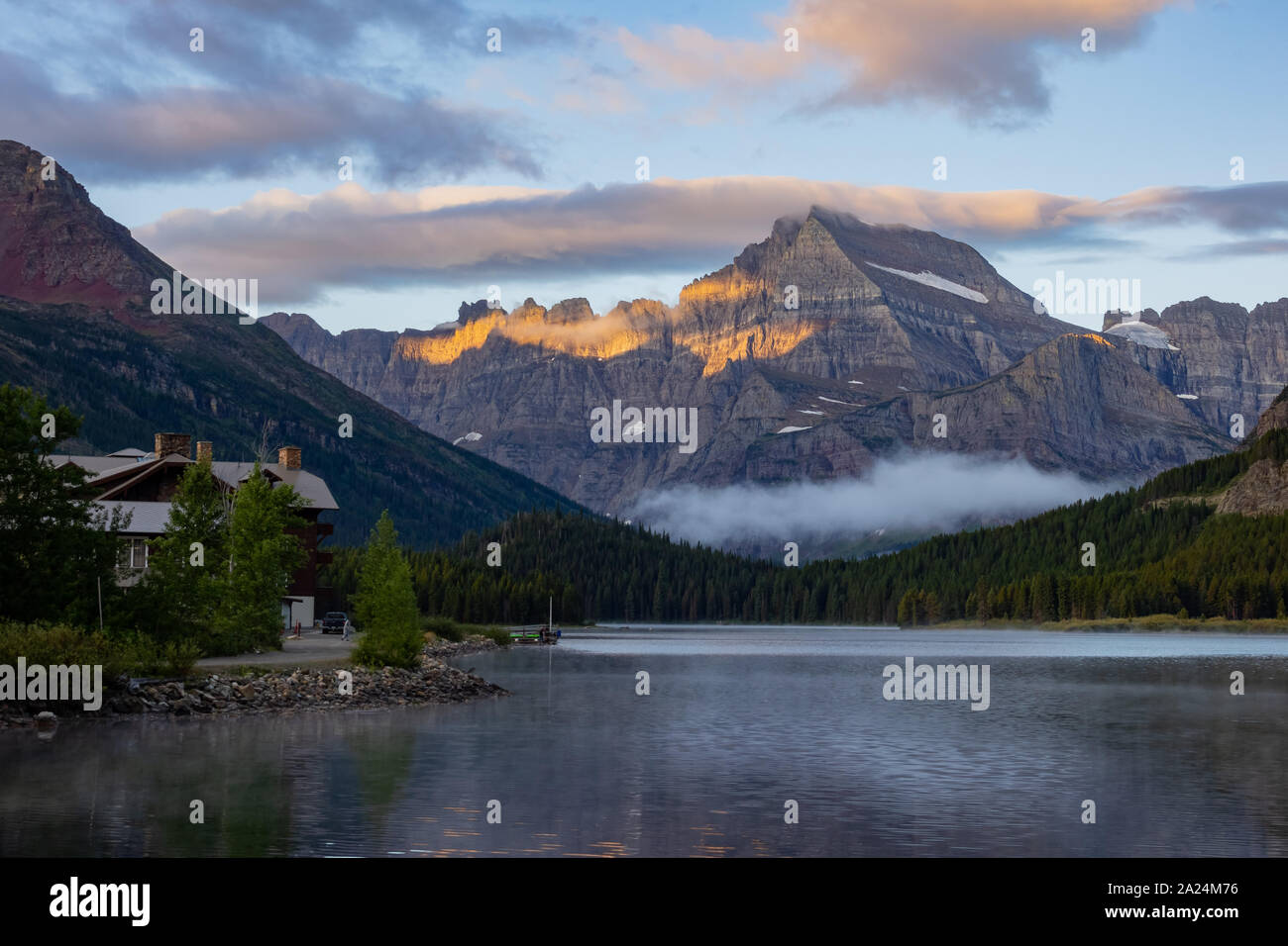 Sunrise of the Mount Wilbur, Swiftcurrent Lake in the Many Glacier area ...