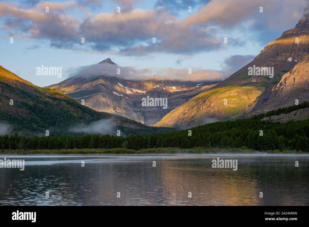Sunrise of the Mount Wilbur, Swiftcurrent Lake in the Many Glacier area ...