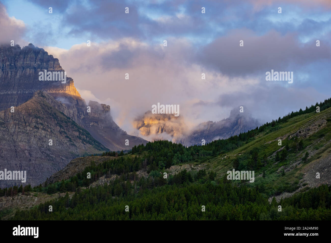 Sunrise of the Mount Wilbur, Swiftcurrent Lake in the Many Glacier area ...