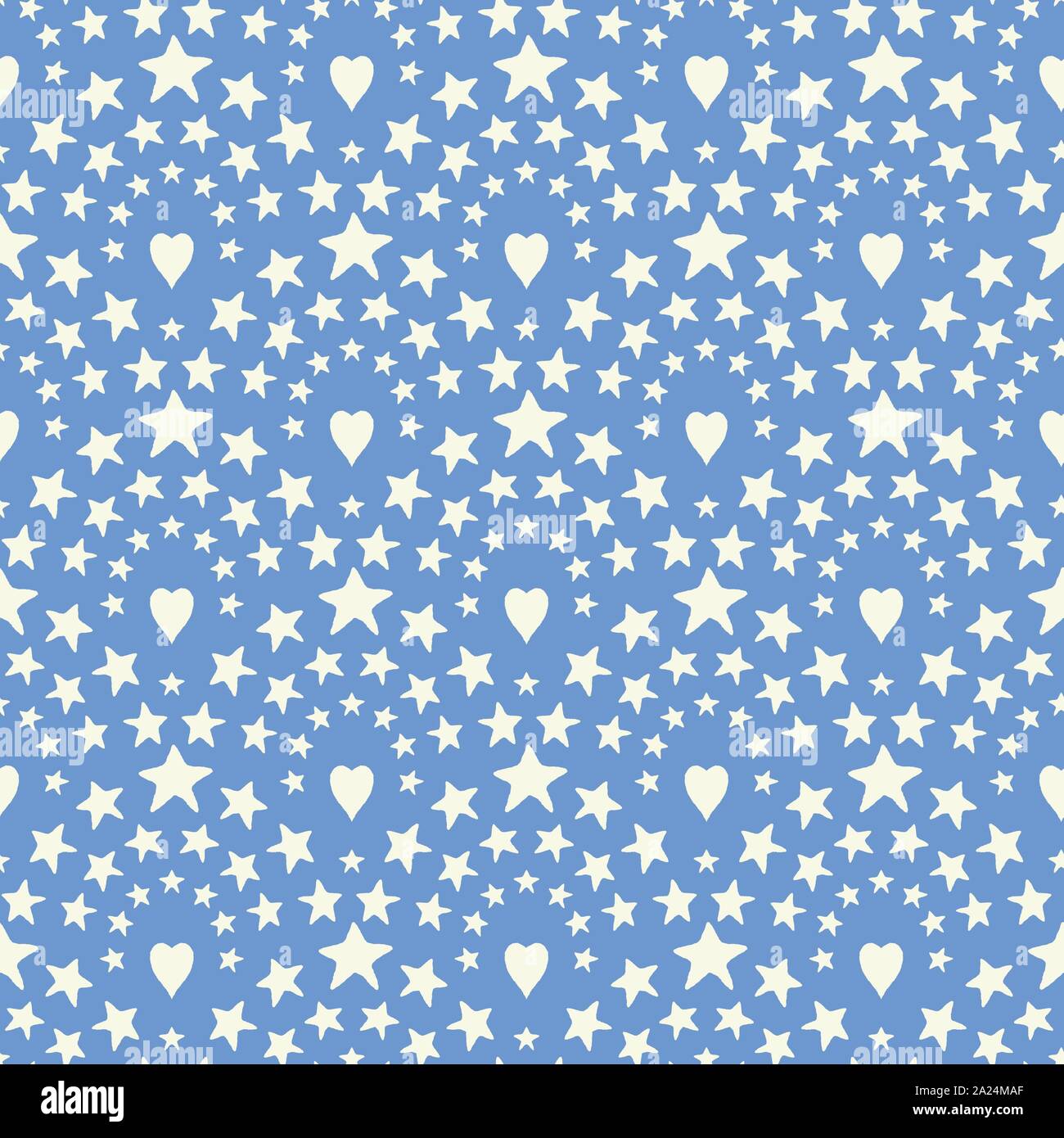 Star rainbow seamless repeat pattern with hearts in blue and white. A ...