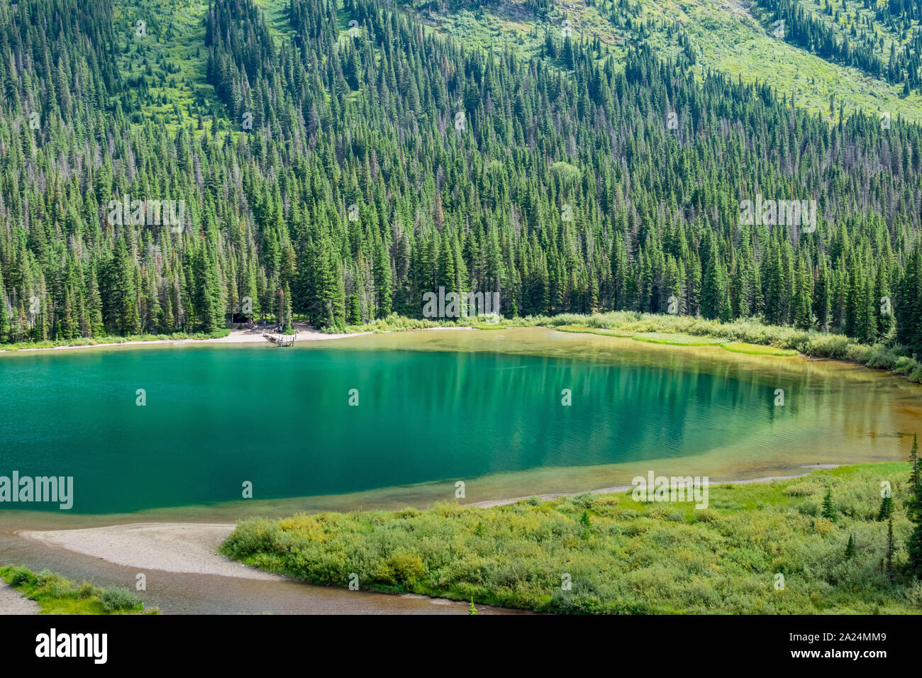 Aerial view of Lake Josephine in the Many Glacier area of the famous ...