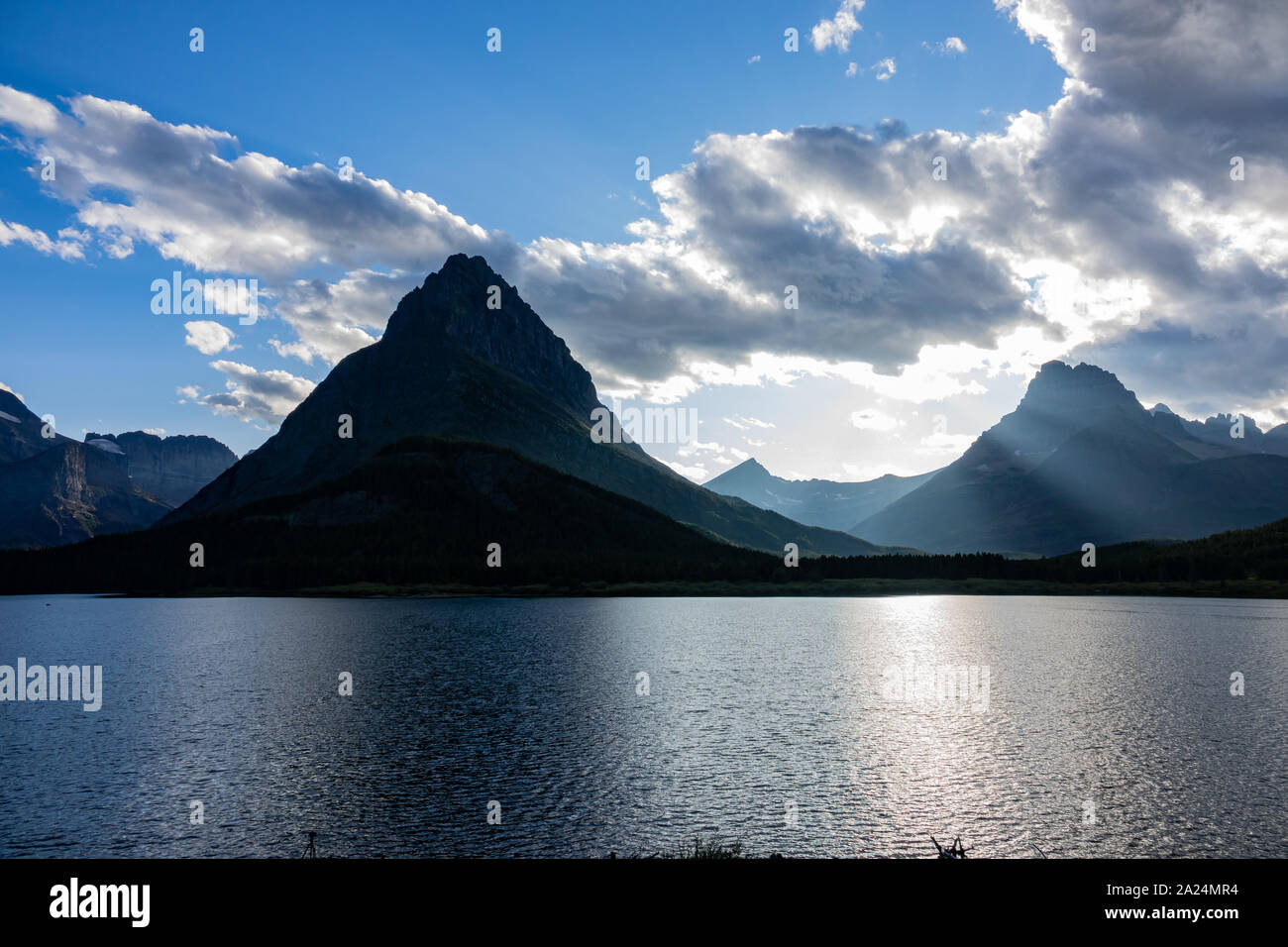 Sunset view of the Mount Wilbur, Swiftcurrent Lake in the Many Glacier ...