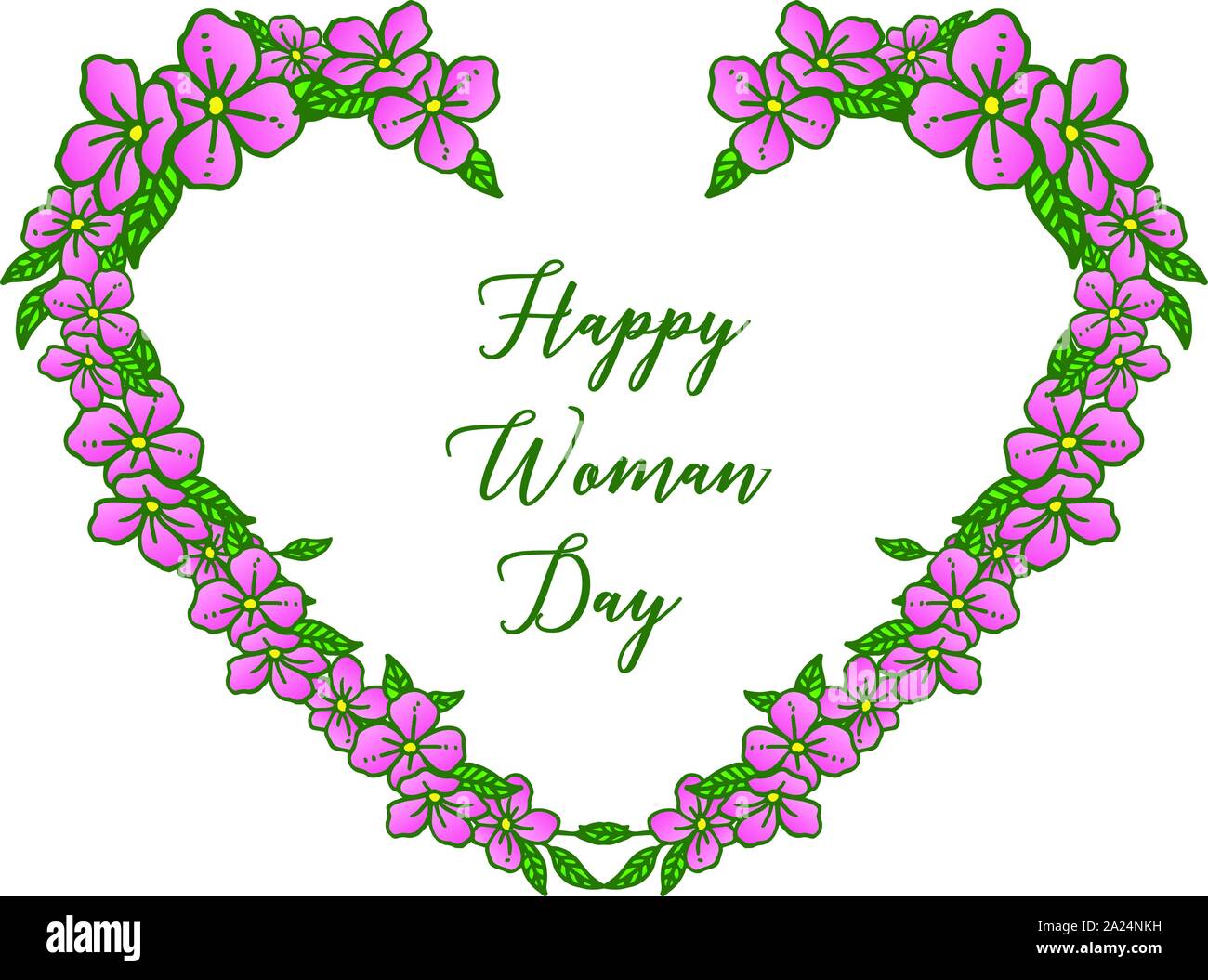 Card of happy woman day, with pink wreath frame background and green ...