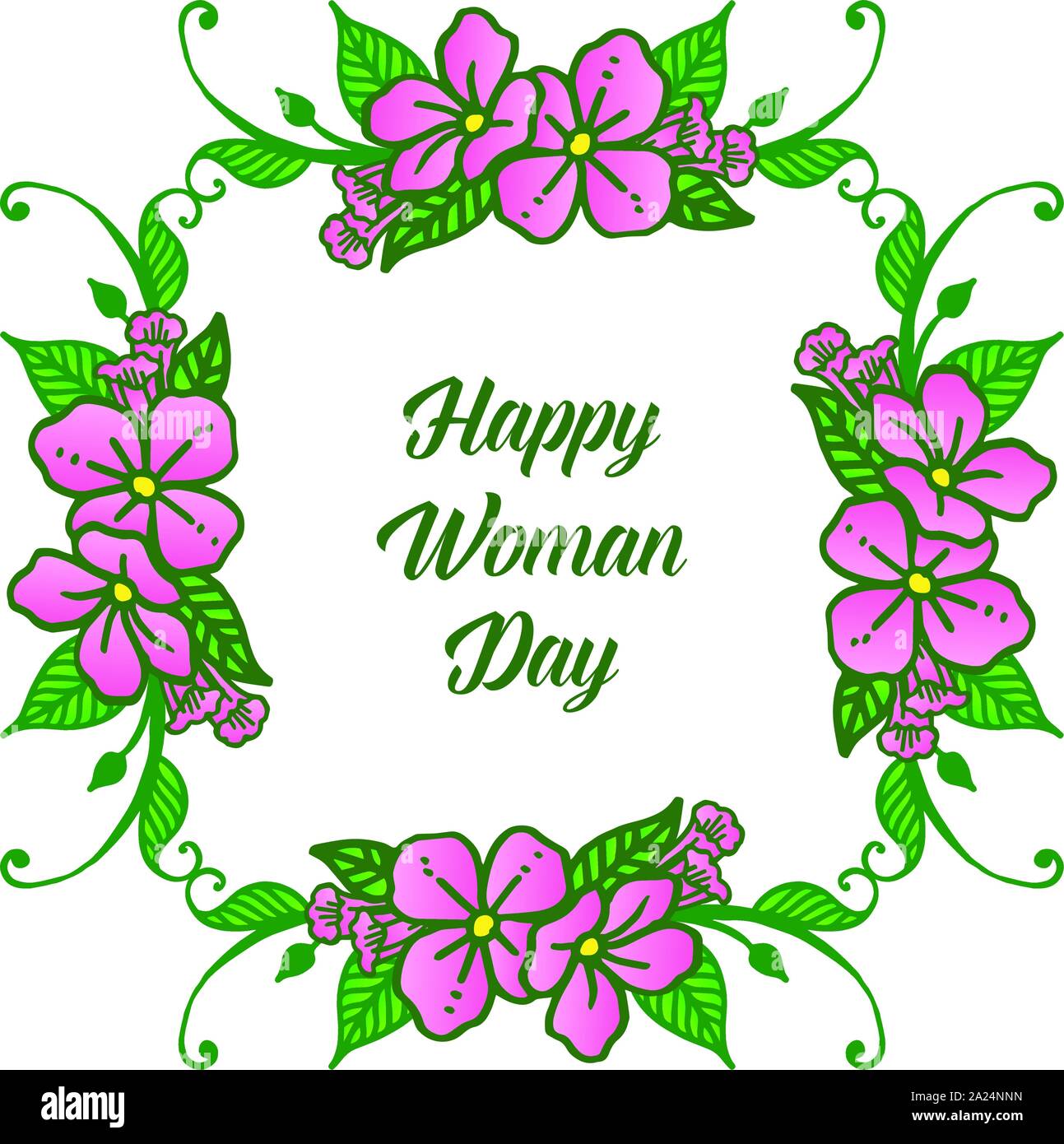 Card of happy woman day, with pink wreath frame background and green ...