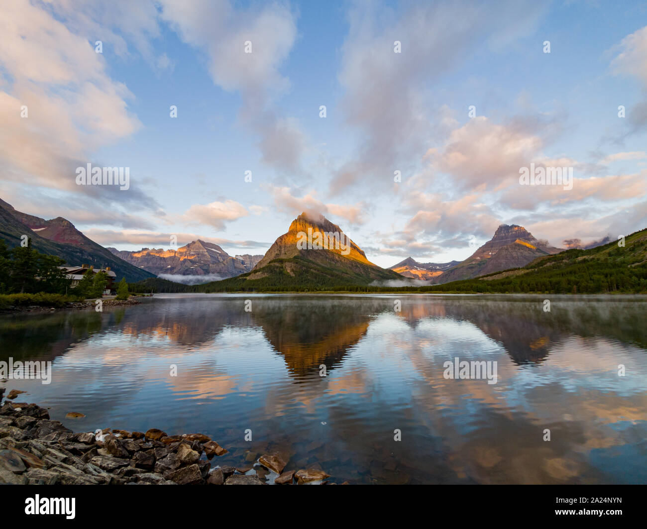 Sunrise of the Mount Wilbur, Swiftcurrent Lake in the Many Glacier area ...