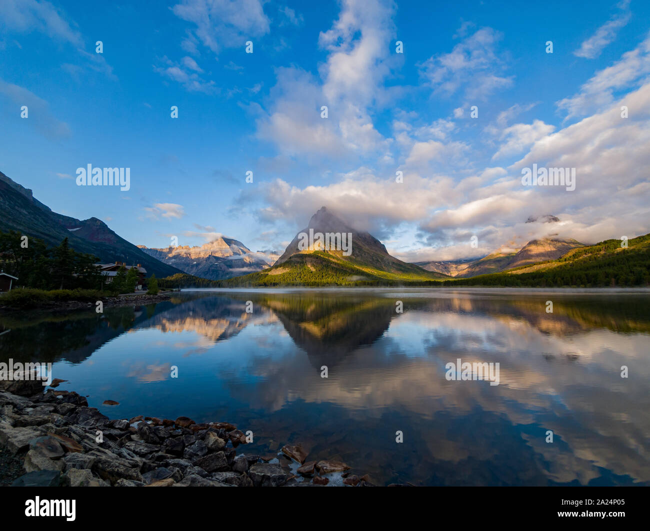 Sunrise of the Mount Wilbur, Swiftcurrent Lake in the Many Glacier area ...