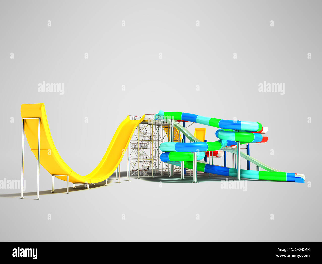 Modern water slides and attractions with five slides on the right 3d ...
