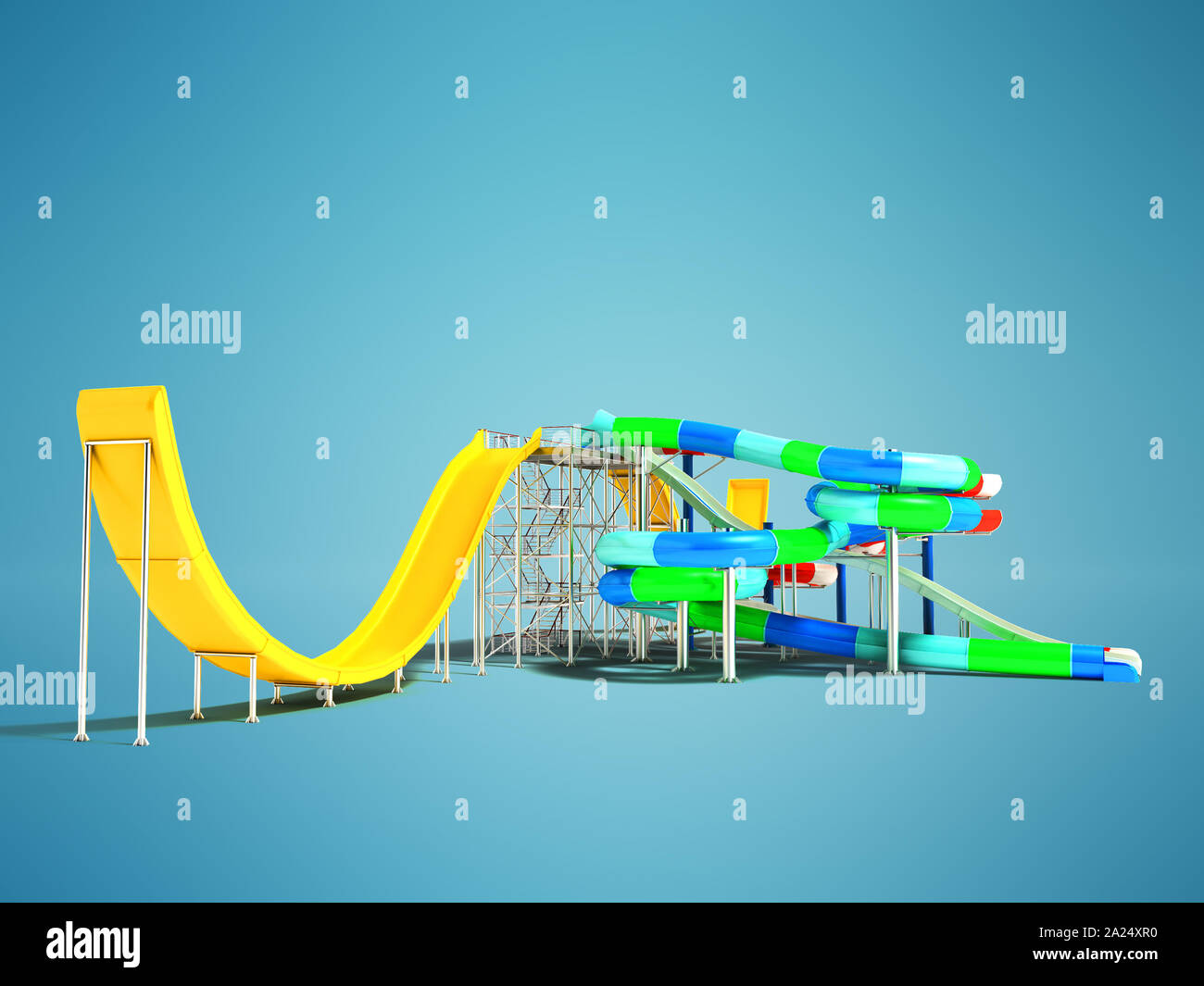 Modern water slides and attractions with five slides on the right 3d ...