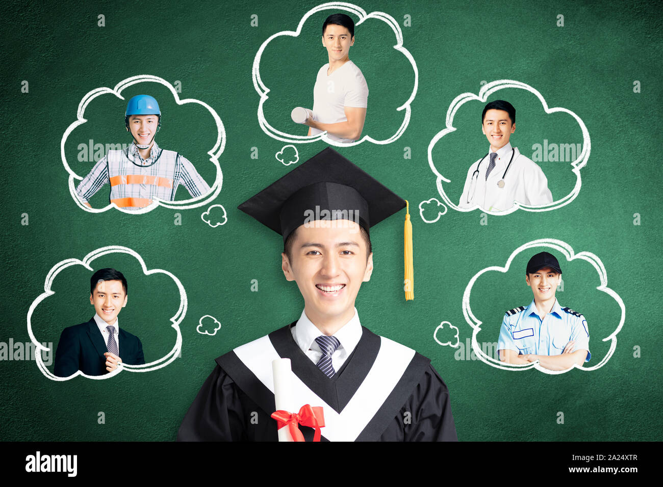 smiling graduation thinking about different jobs concepts Stock Photo ...