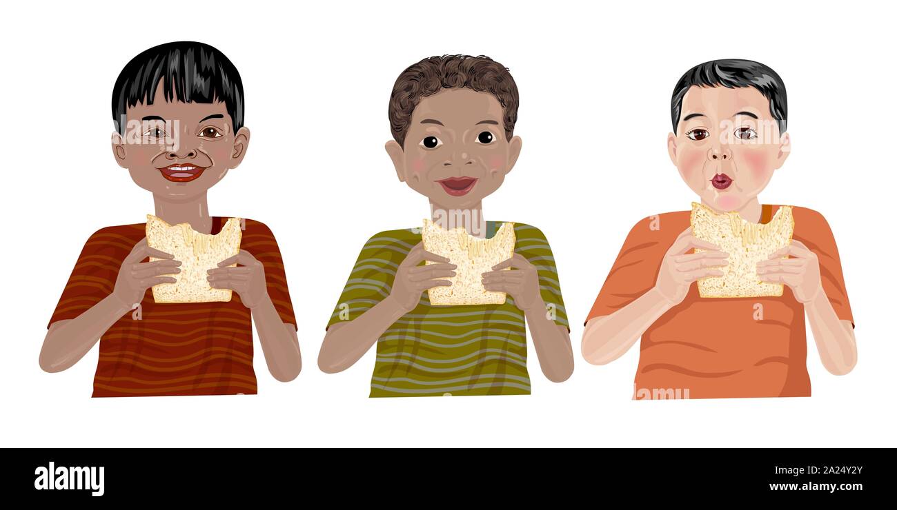 Boys eating bread paste with condensed milk. Happy and delicious ...