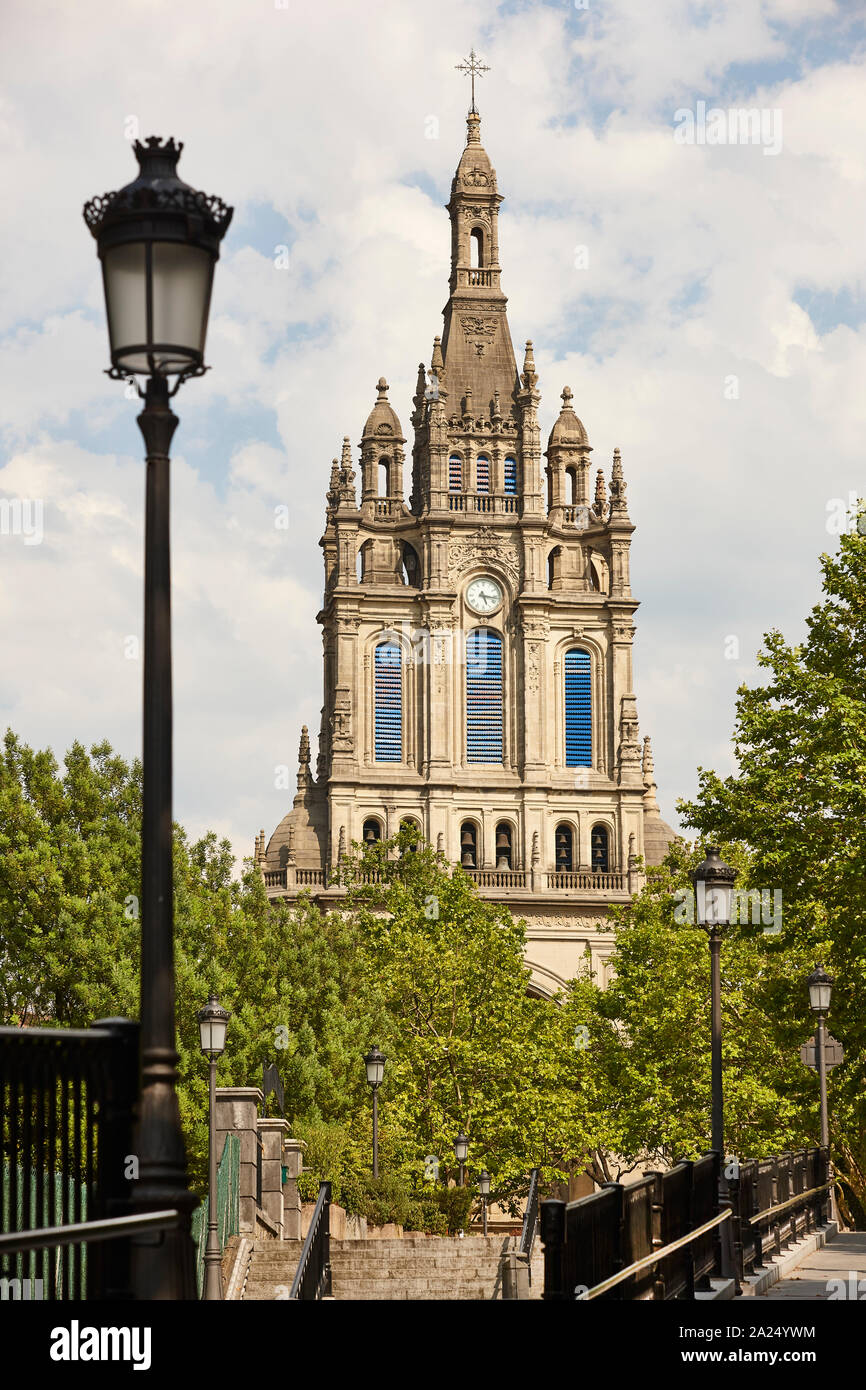 Bilbao Begona cathedral bell tower facade. Basque country heritage ...