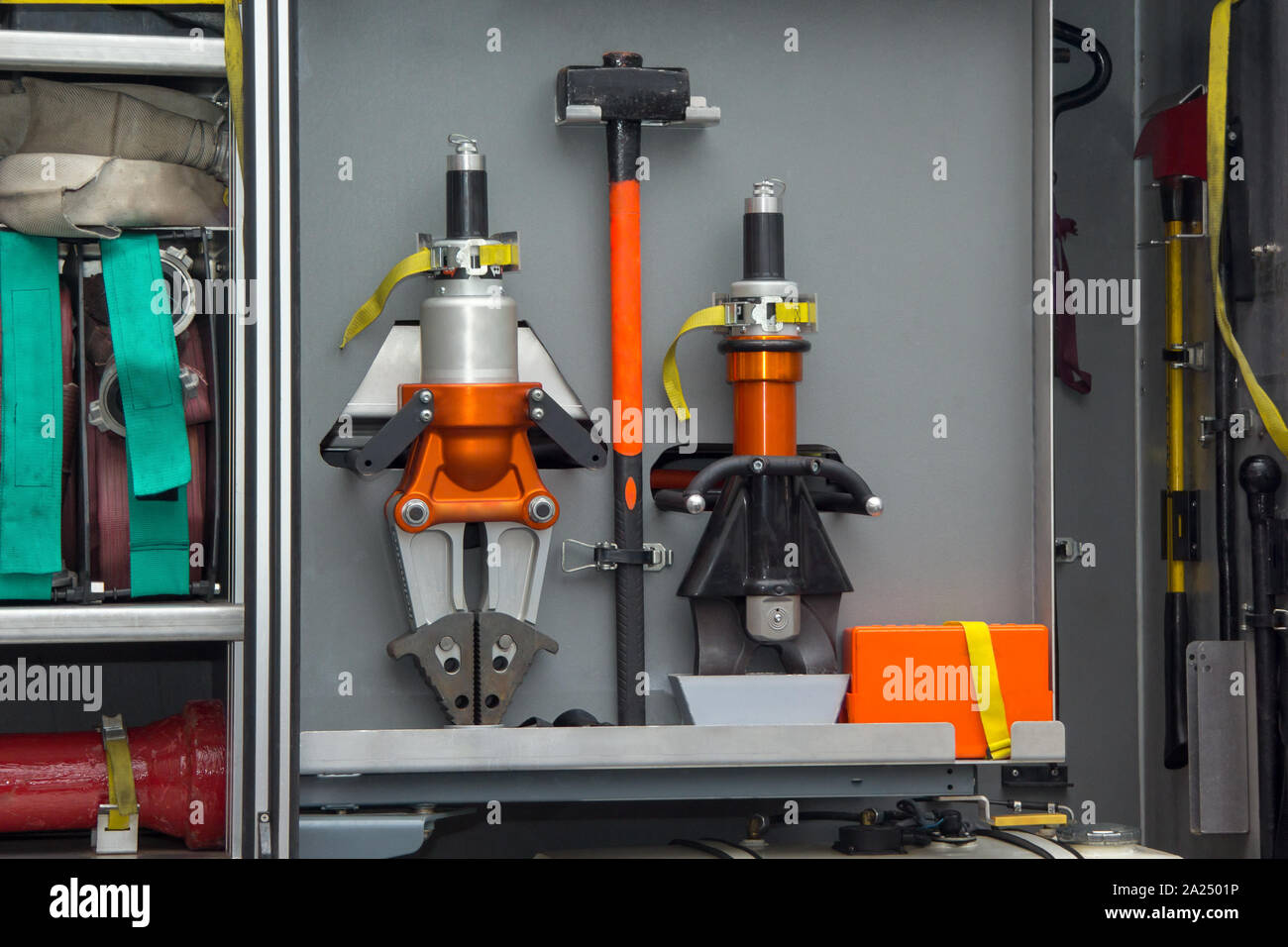 hoses tools and equipment of a Fire Truck Stock Photo - Alamy