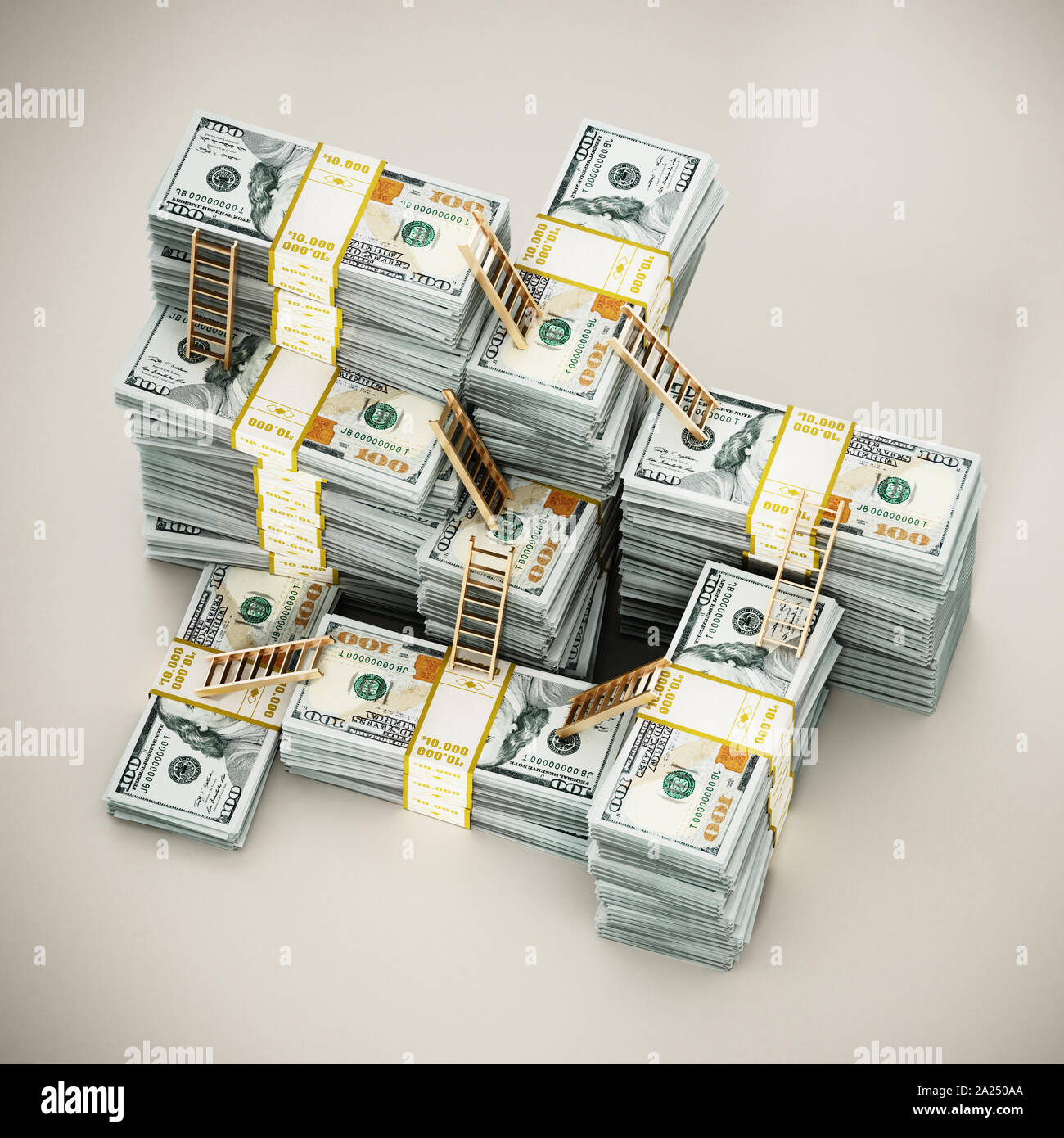 Ladders on arranged dollar bill stacks. 3D illustration Stock Photo - Alamy