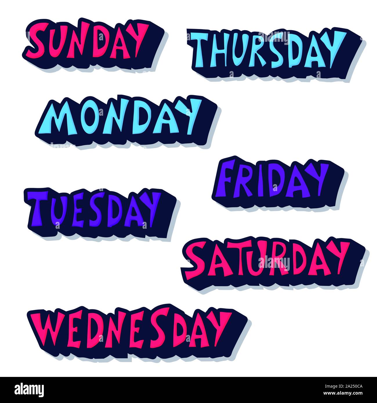 Colorful lettering of the days of the week. Set of stylized words for ...
