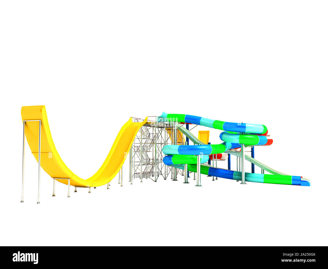 Modern water slides and attractions with five slides on the right 3d ...