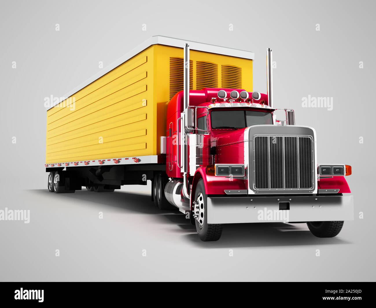 Truck red with yellow trailer 3d render on gray background with shadow ...