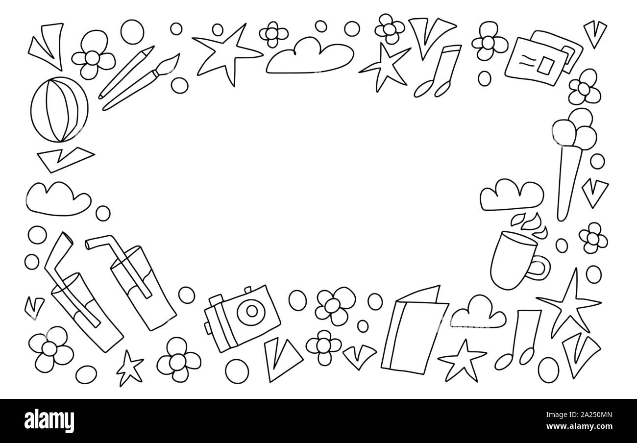 Frame with vacation rest symbols in doodle style. Vector illustartion ...