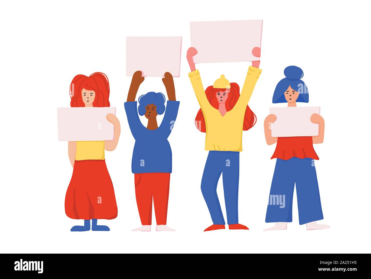 Protesting people standing together with sign boards. Young women ...