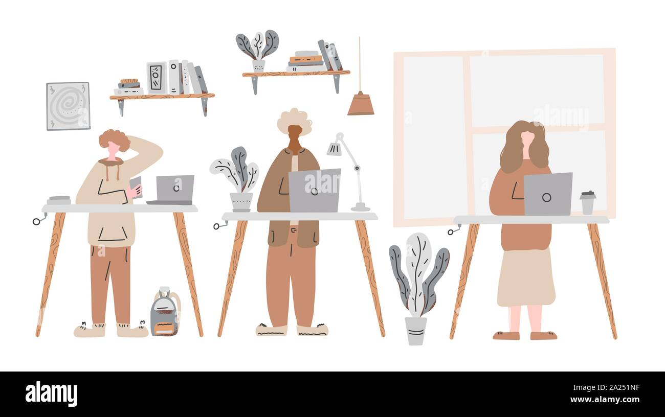 Coworkers office concept. People standing at the desk in comfy office ...