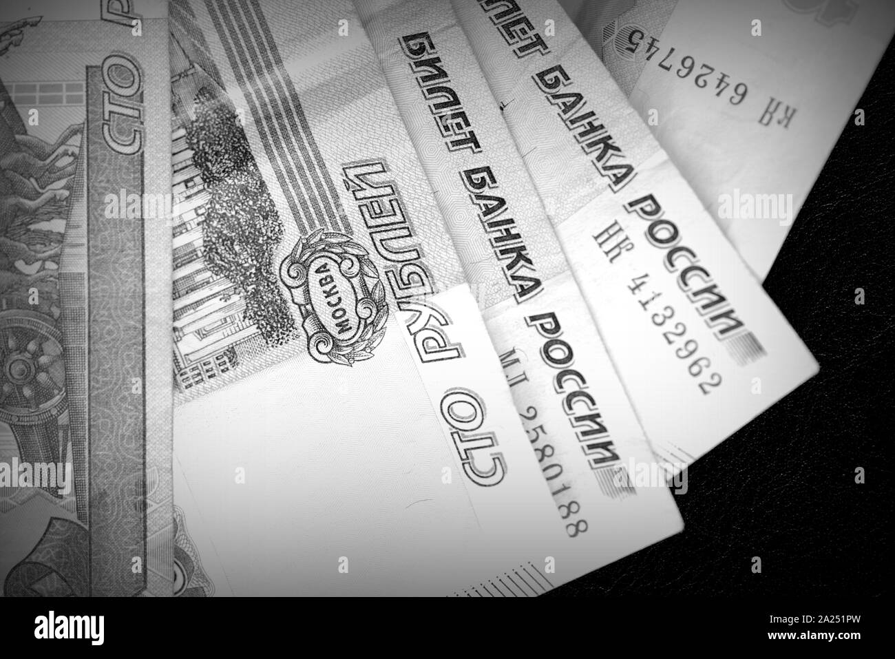 Russian rubles close-up black and white. Money background Stock Photo ...