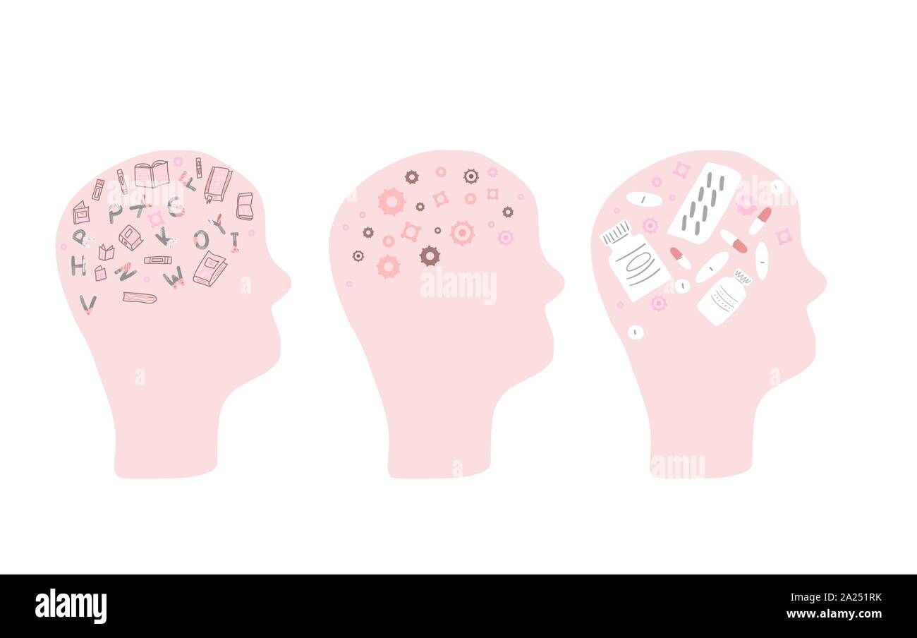 Mind concept. Human brains with different signs. Vector illustration ...