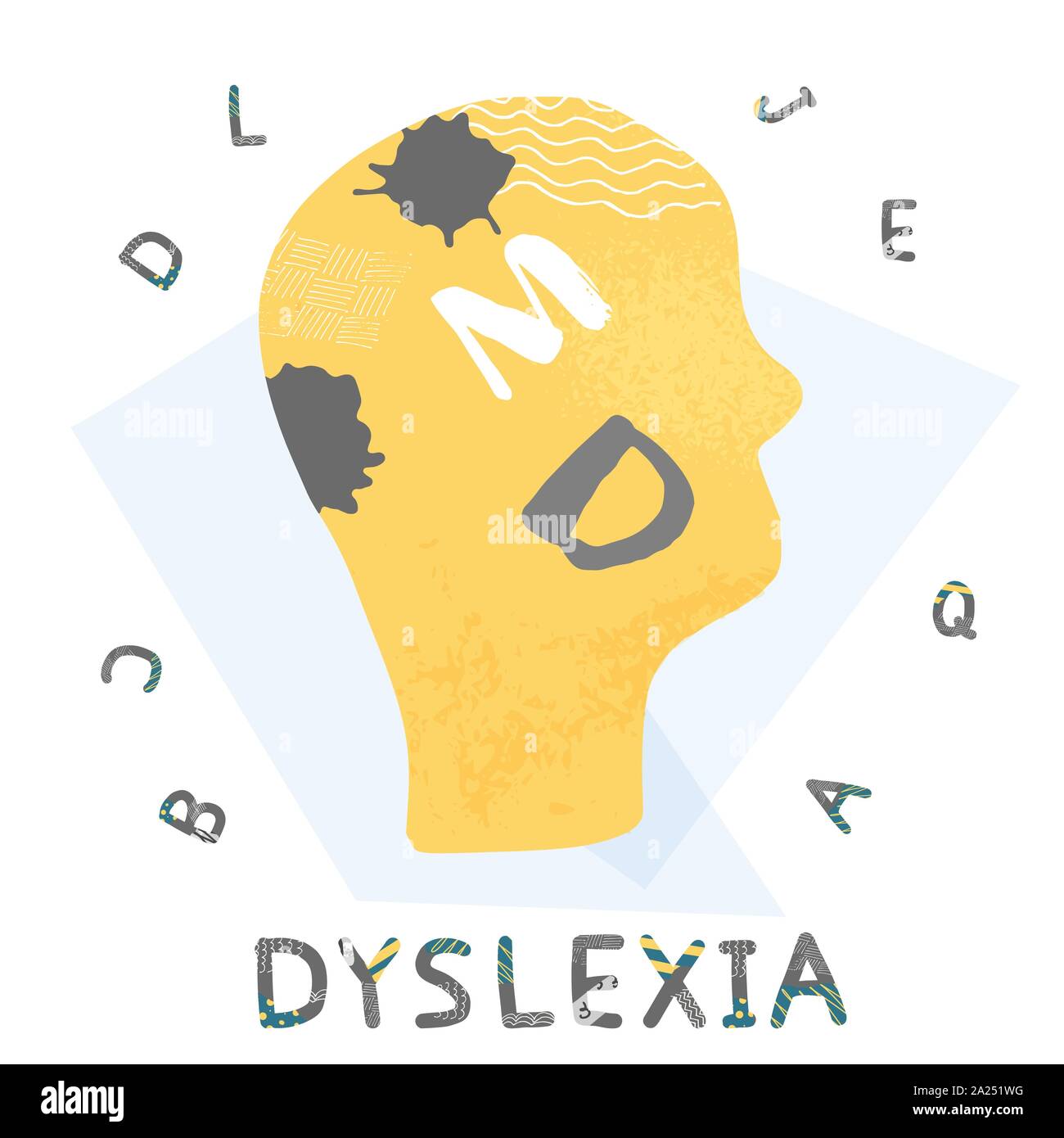 Dyslexia emblem. Human brain with symbols. Vector sign with stylized ...