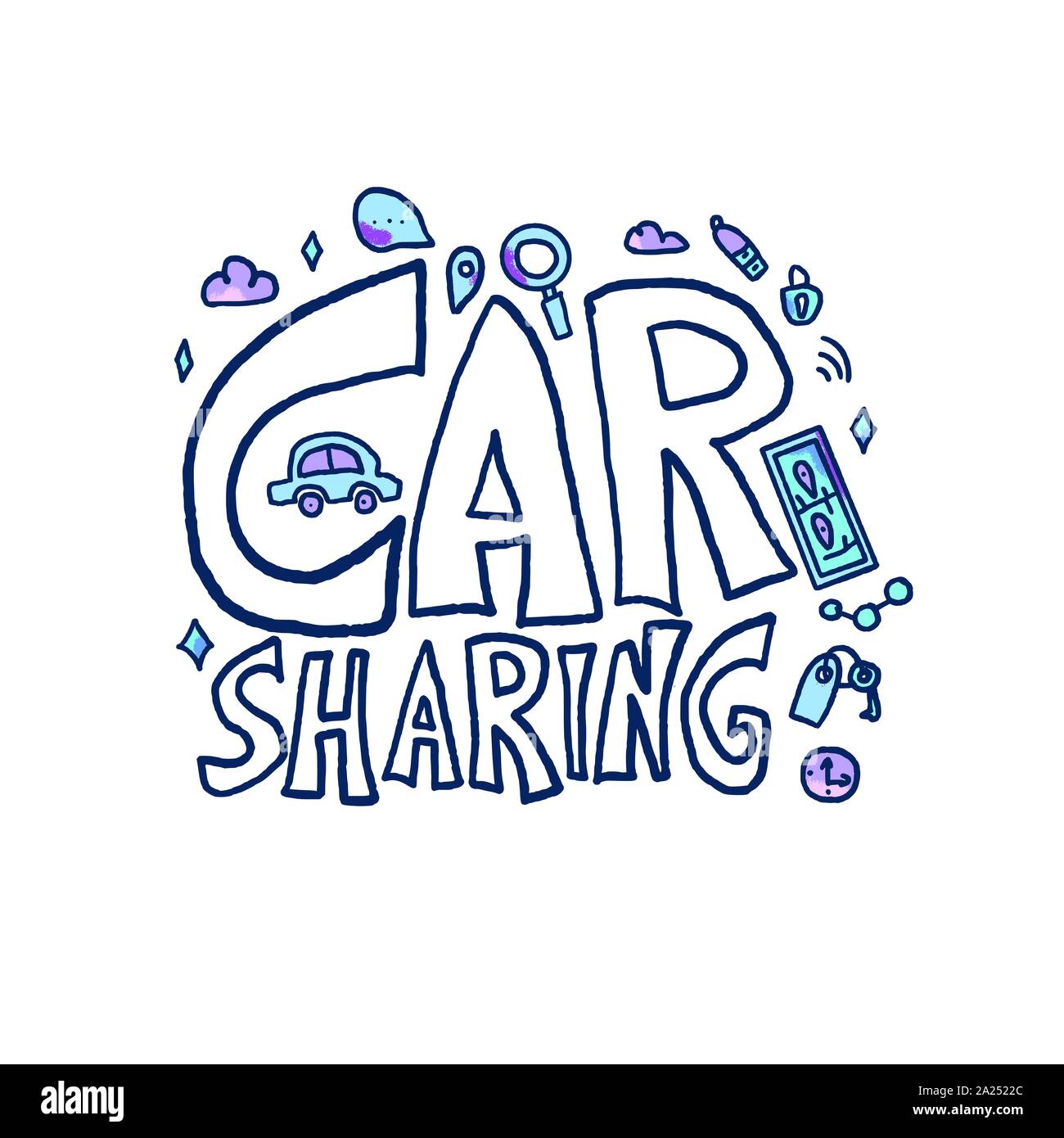 Car sharing concept. Hand lettering with symbols. Vector illustration ...