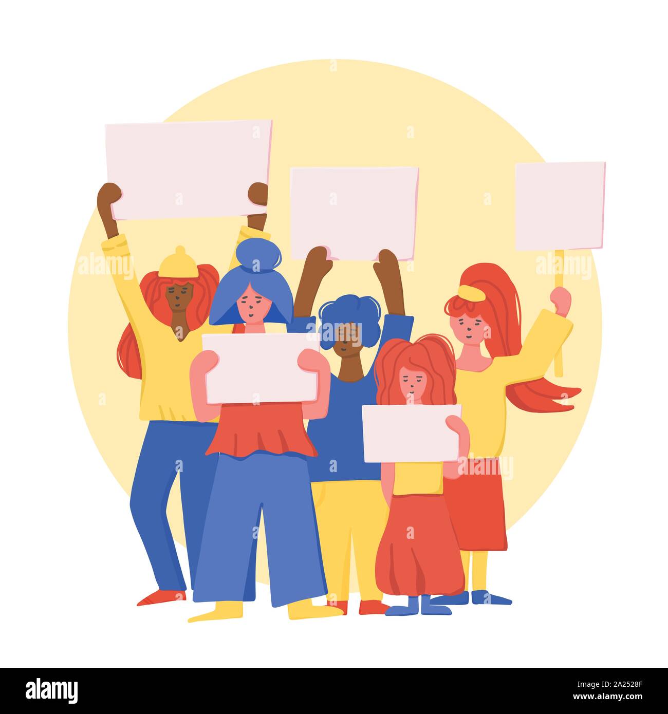 Activists. Protesting people standing together with sign boards. Young ...