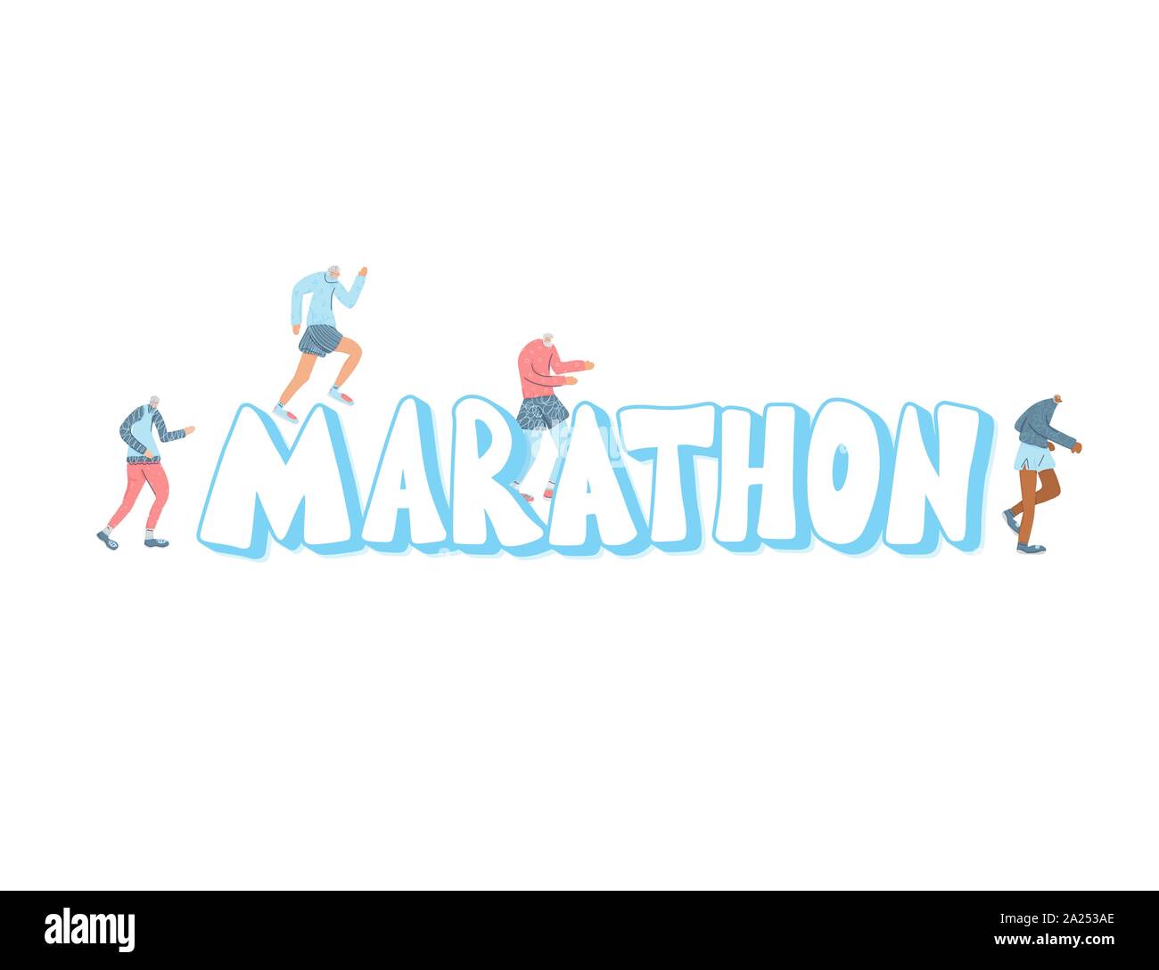 Marathon giant stylized text with tiny runners. Vector illustration ...