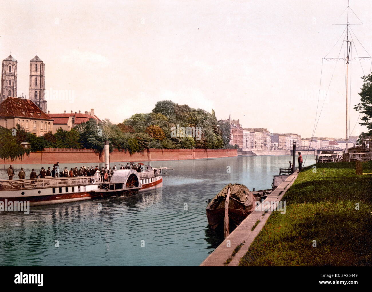 1900 colour postcard showing the Oder River, with Cathedral Island ...