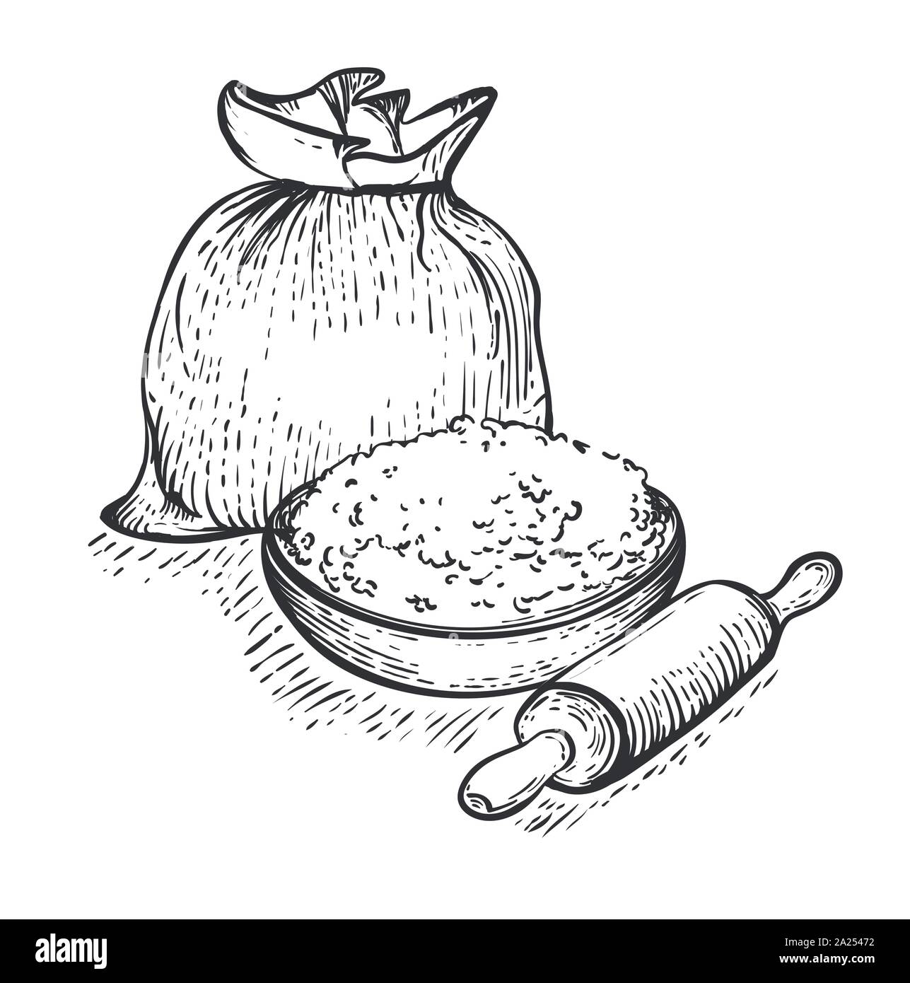 Bag of burlap with bowl of flour and rolling pin isolated on white ...