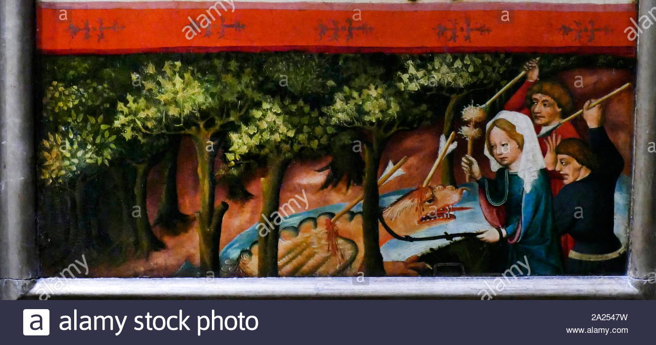 Triptych panel depicting, the Legend of Saints Maria and Martha. From ...