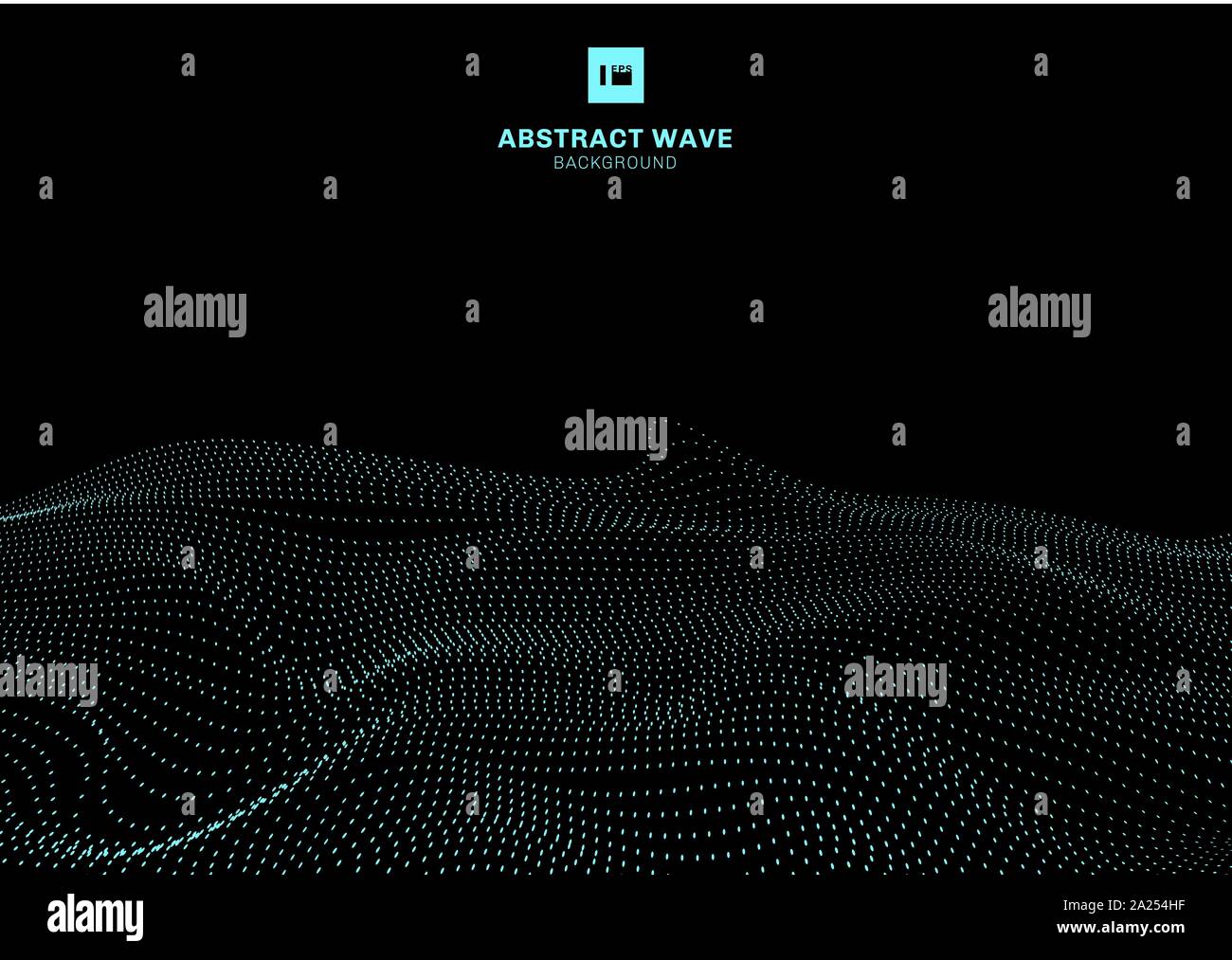 Abstract blue dynamic wave of particles on black background futuristic technology concept. Big ...