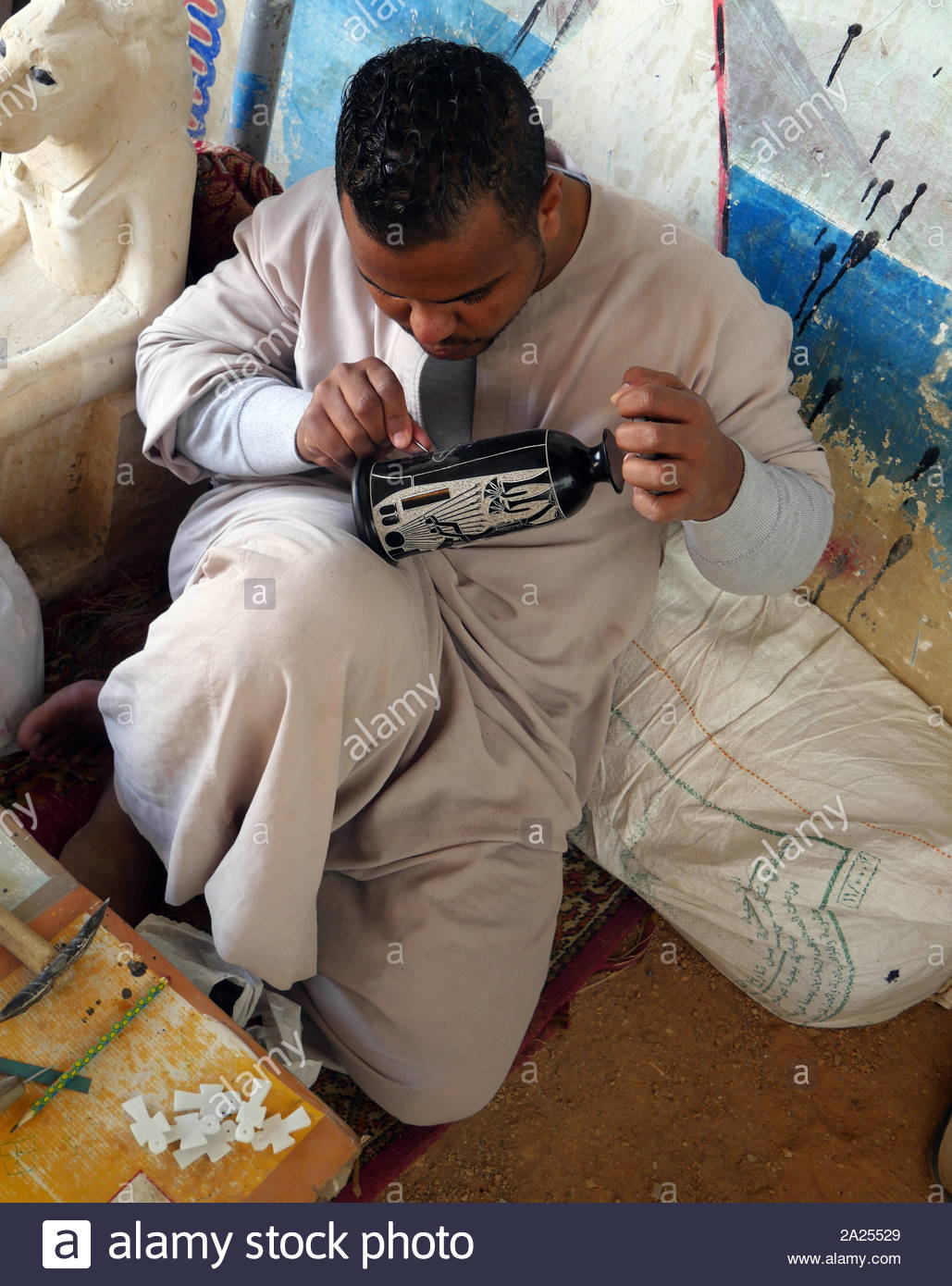 Craftsman making object made from Alabaster. "Egyptian alabaster", have ...