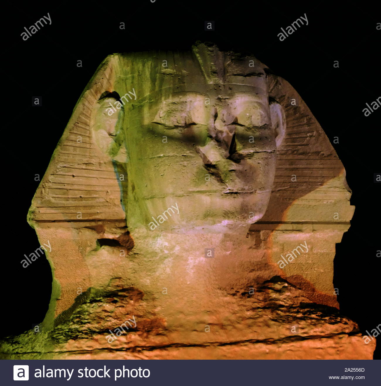 Nightime view of the Giza Sphinx, Cairo, Egypt. The sculpture known as ...