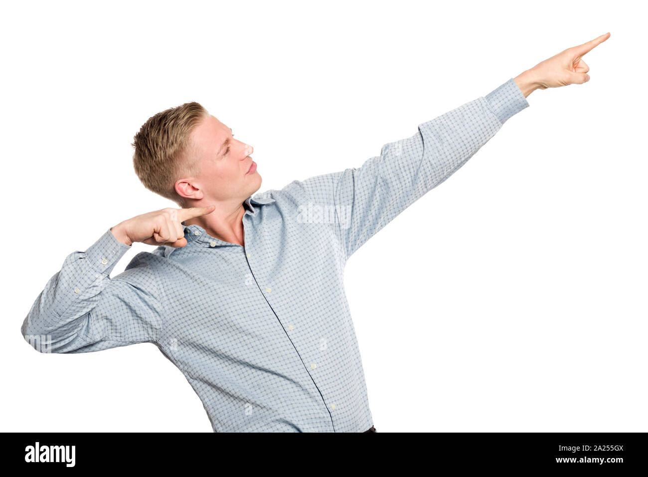 Successful businessman pointing fingers up suggesting achievement Stock ...