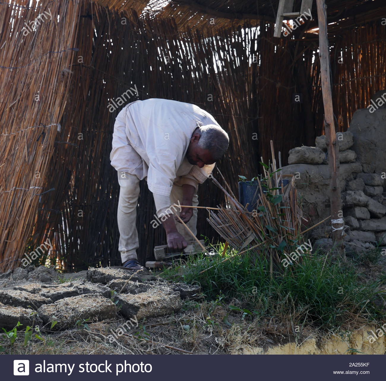 Re-enactment of an ancient Egyptian, brick maker, preparing bricks for ...