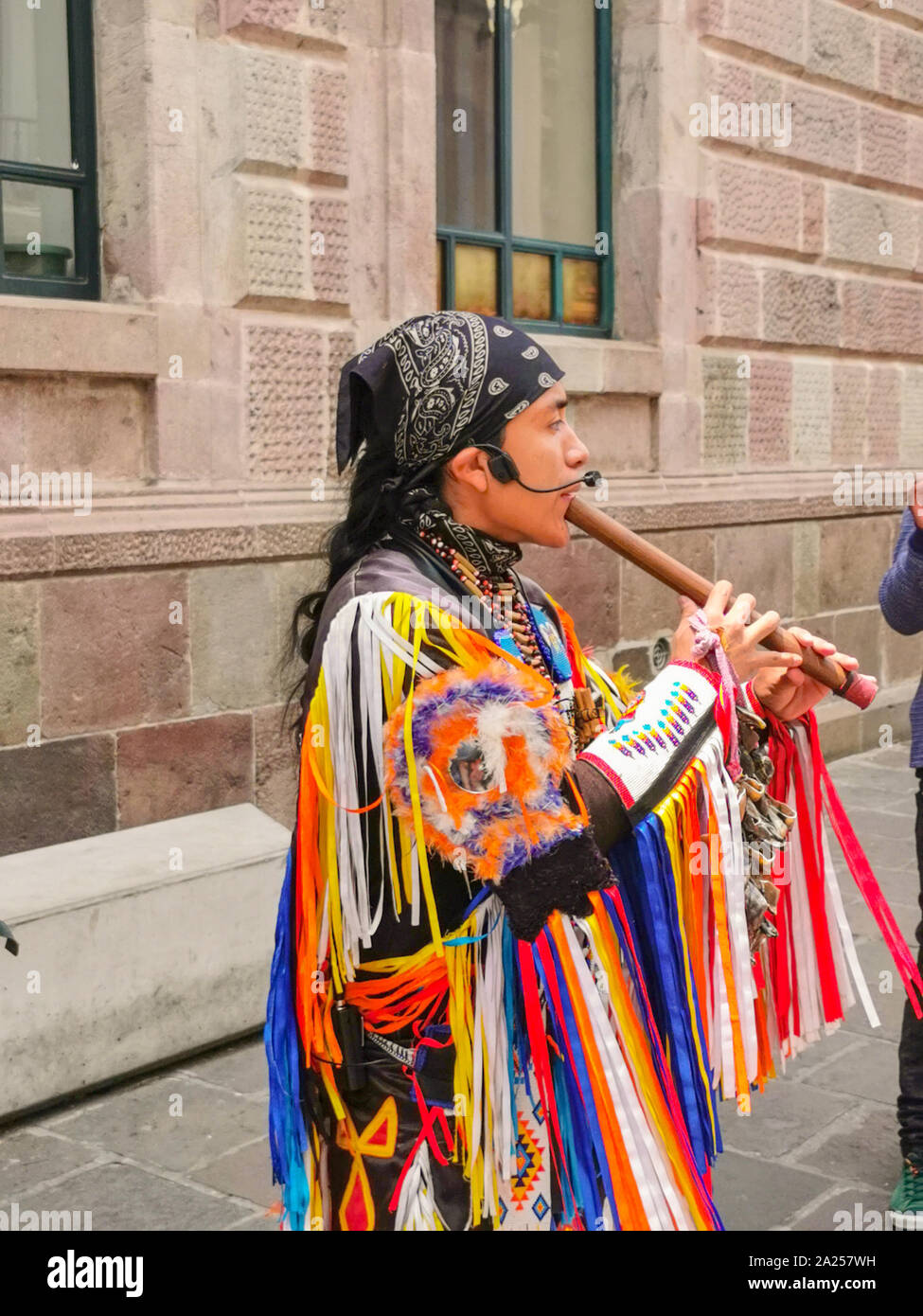 Quito, Ecuador, September 29, 2019: Music indigenous street performers ...