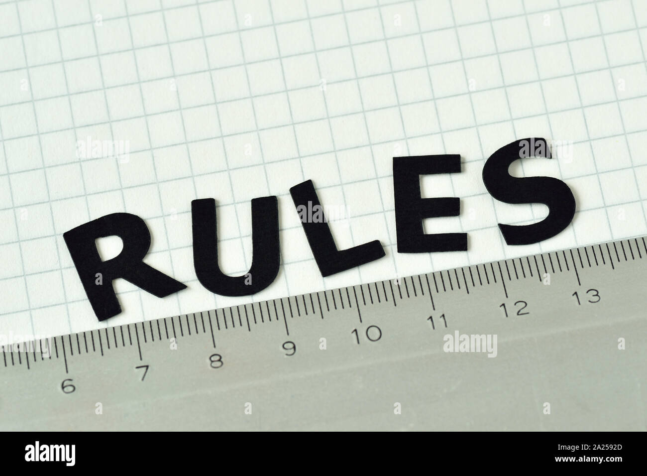 The written Rules with ruler on white squared paper - Concept of follow ...